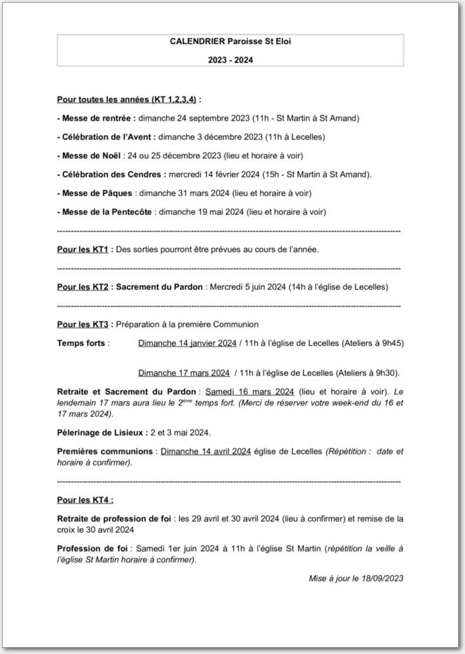 Calendrier des temps forts