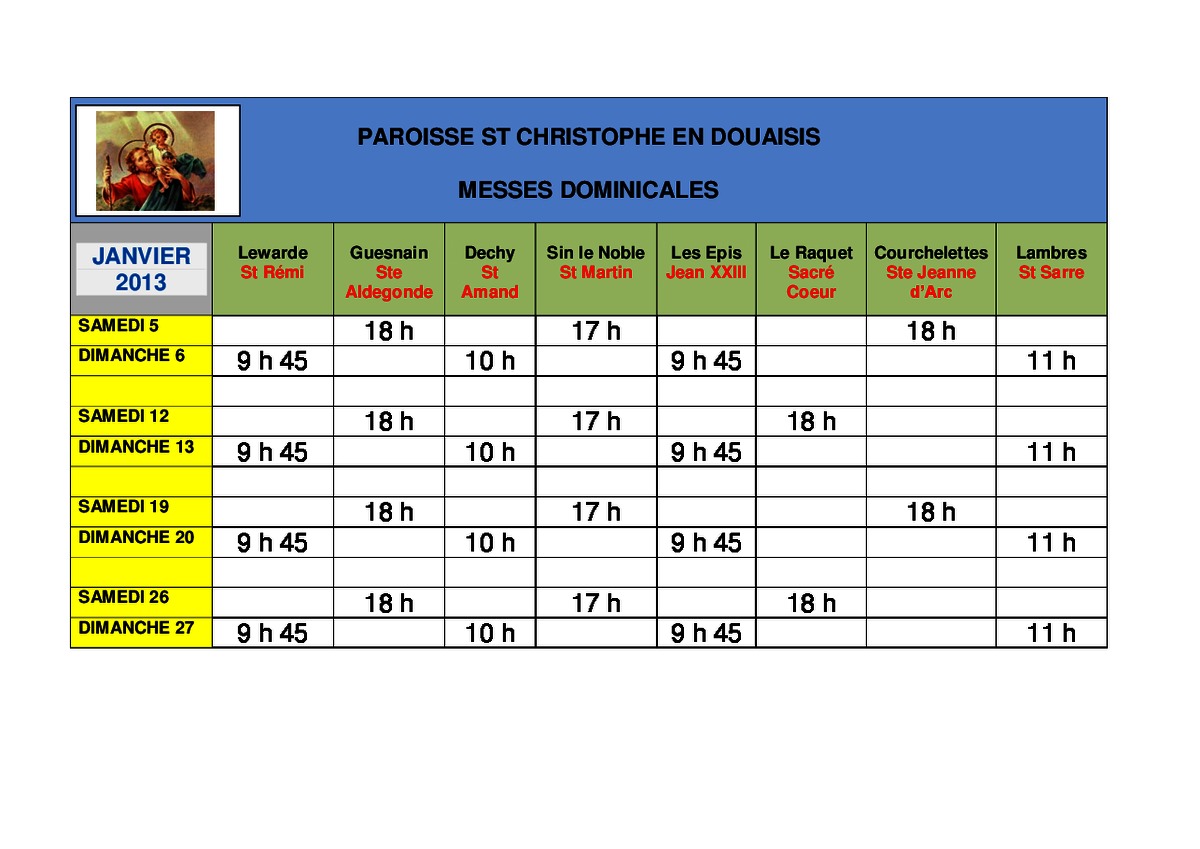 LES MESSES DANS LA PAROISSE EN JANVIER
