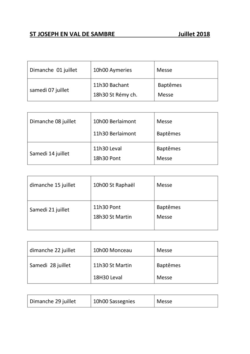 Tableaux des messes de Juillet et Août 2018